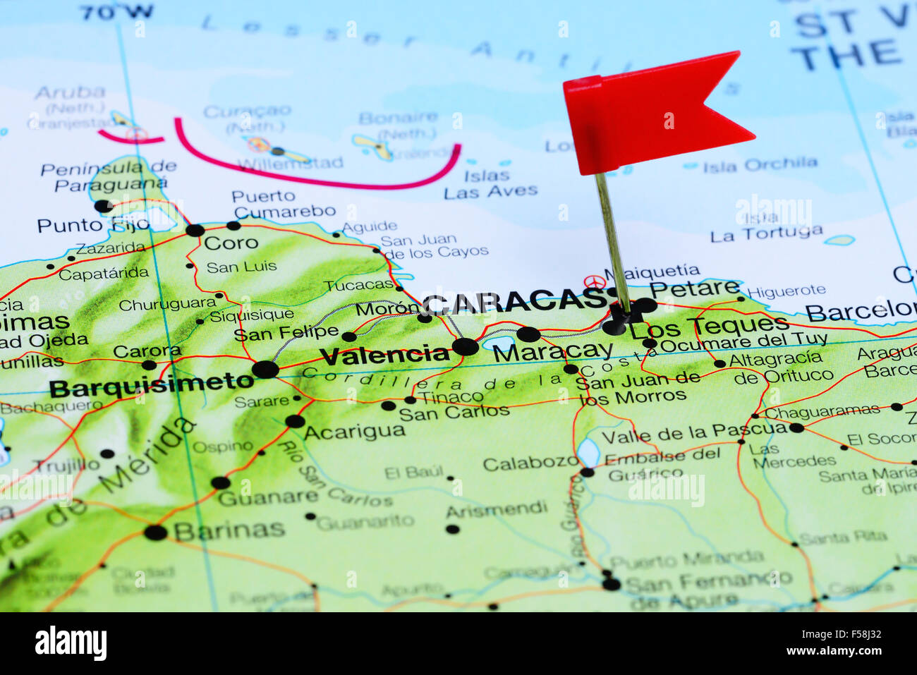 Caracas pinned on a map of America Stock Photo - Alamy