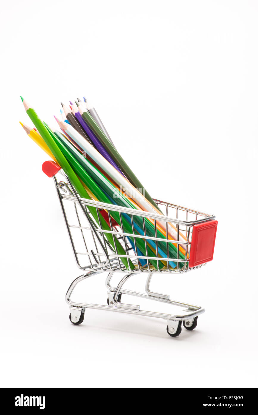 Caddy with school equipment on white background Stock Photo - Alamy