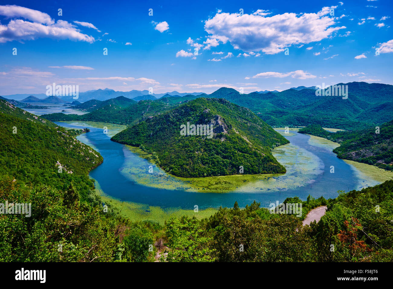 Montenegro, Lake Skadar National Park, View of the river bend of the Rijeka Crnojevica river ...