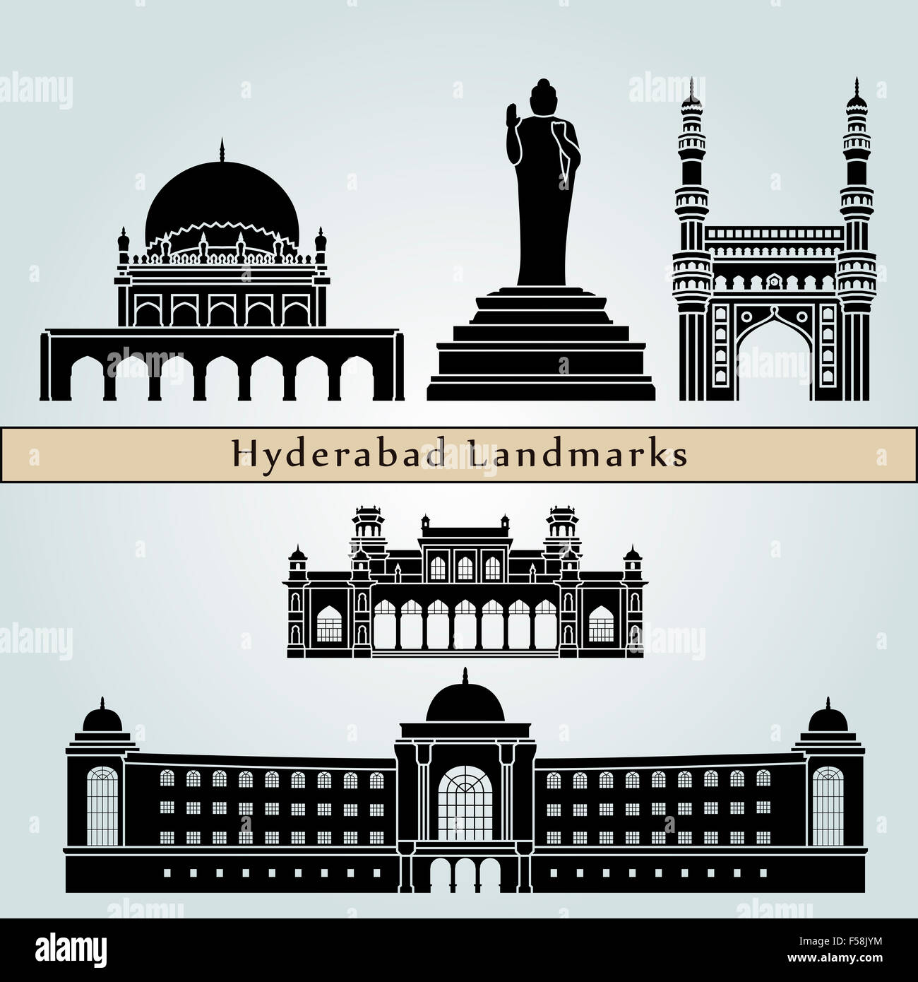 Hyderabad landmarks and monuments isolated on blue background in ...