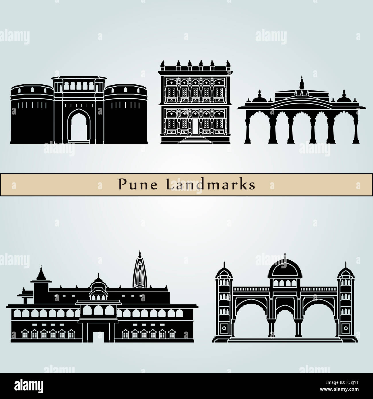 Pune landmarks and monuments isolated on blue background in editable ...