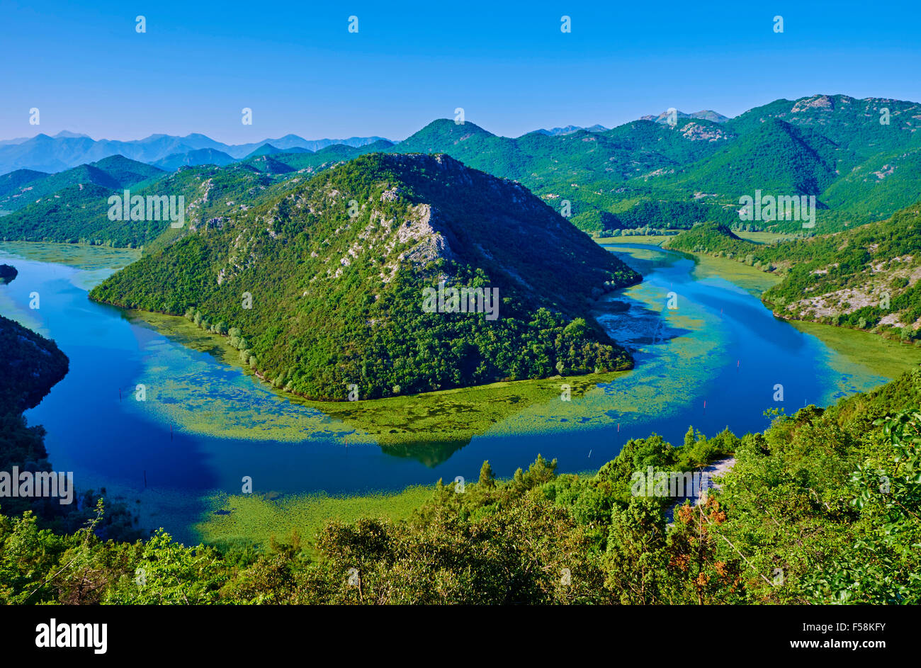 Montenegro, Lake Skadar National Park, View of the river bend of the Rijeka Crnojevica river ...