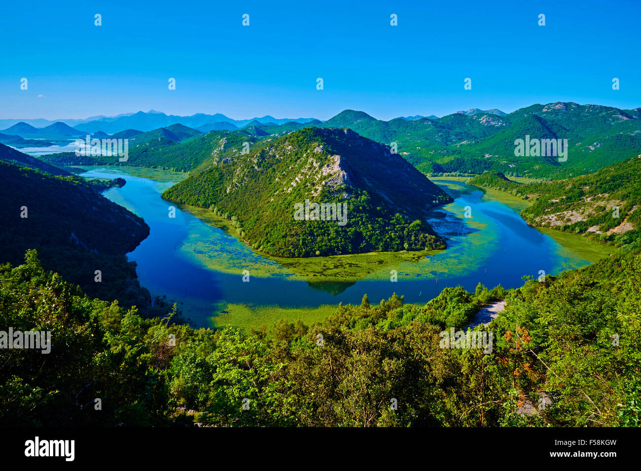 Montenegro, Lake Skadar National Park, View of the river bend of the Rijeka Crnojevica river ...