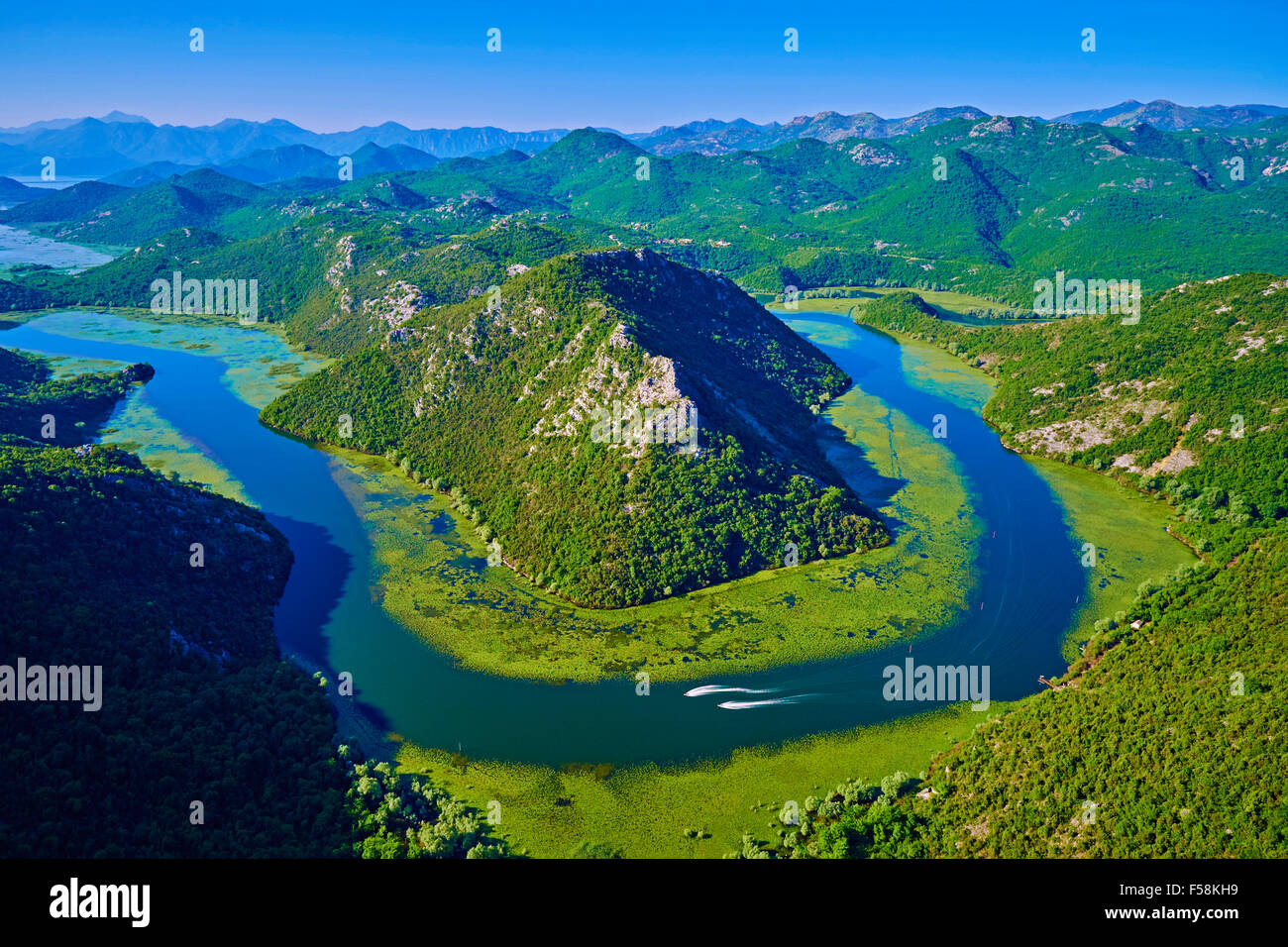 Montenegro, Lake Skadar National Park, View of the river bend of the Rijeka Crnojevica river ...