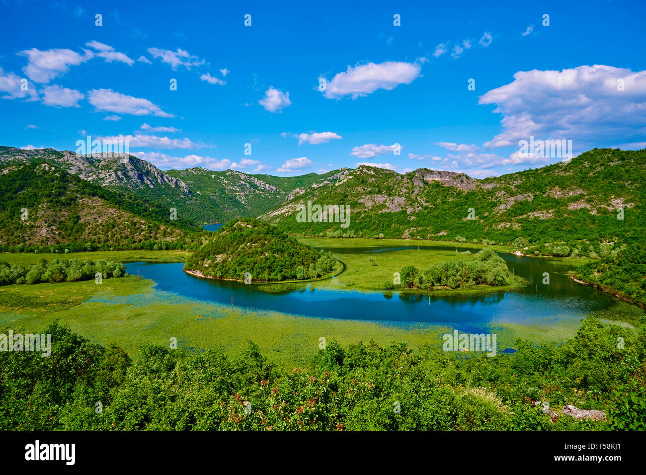 Montenegro, Lake Skadar National Park, View of the river bend of the Rijeka Crnojevica river ...