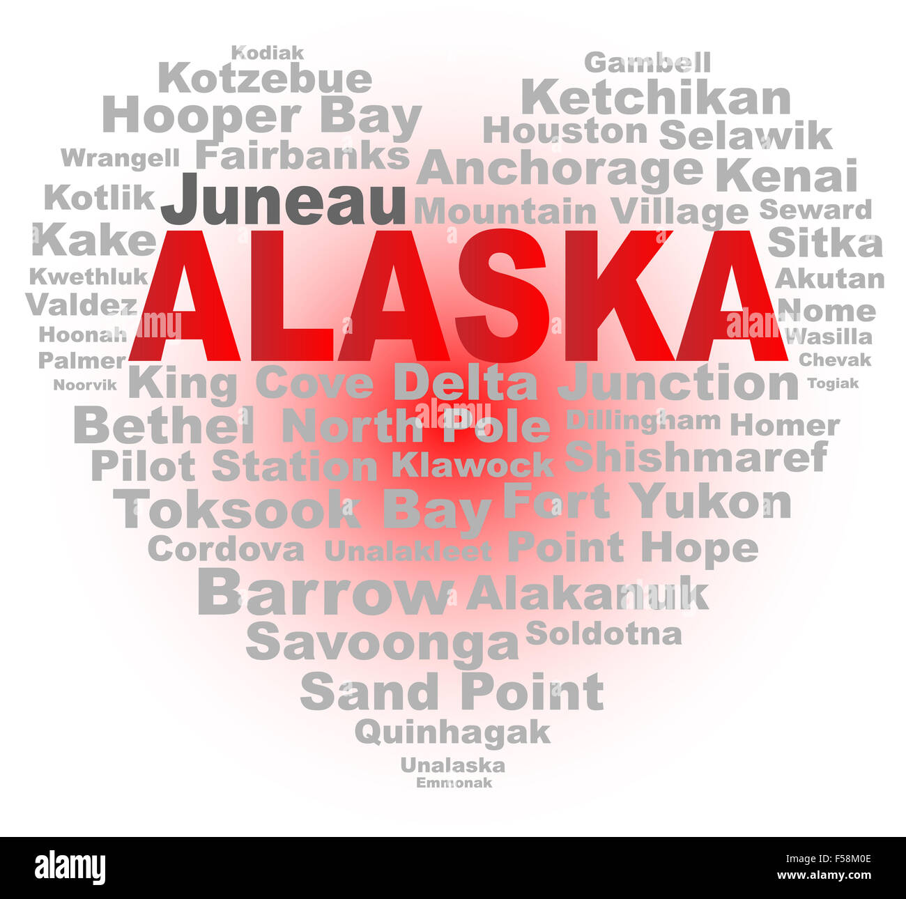 A cartoon heart shape with the text ALASKA and the names of the major ...