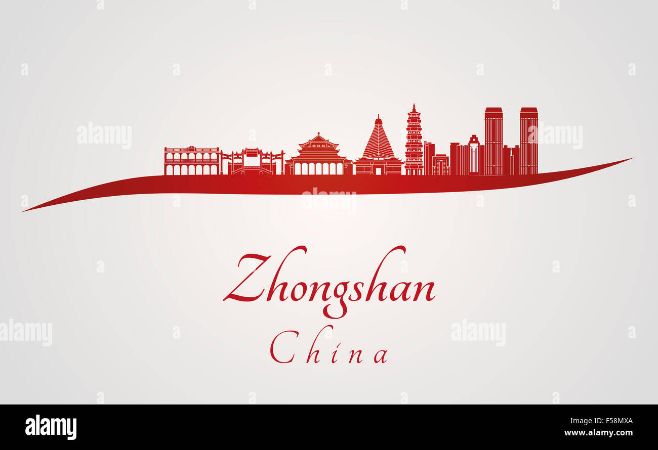 Zhongshan skyline in red and gray background in editable vector file ...