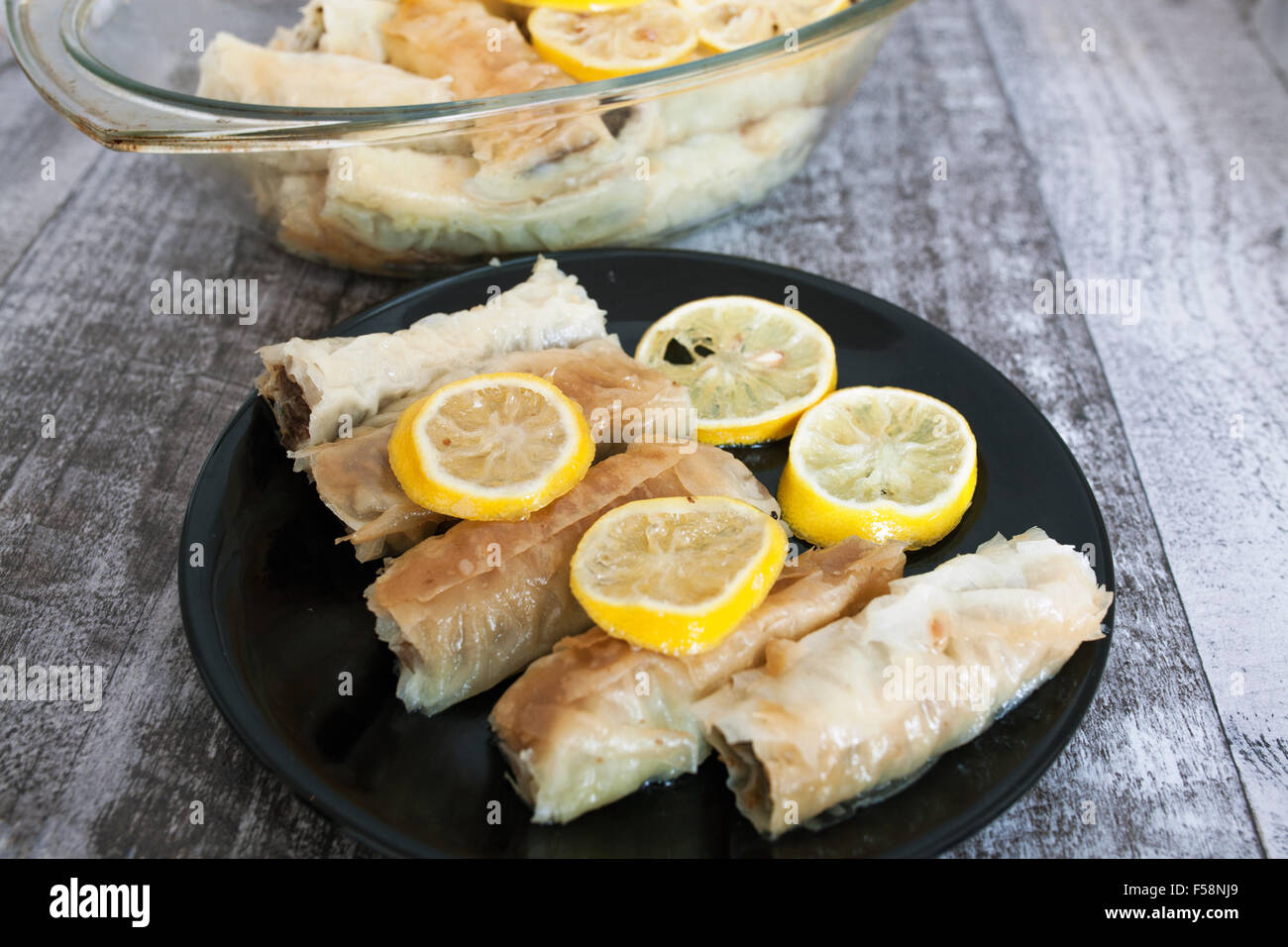 Homemade sweet pastry made of layers of filo filled with chopped ...