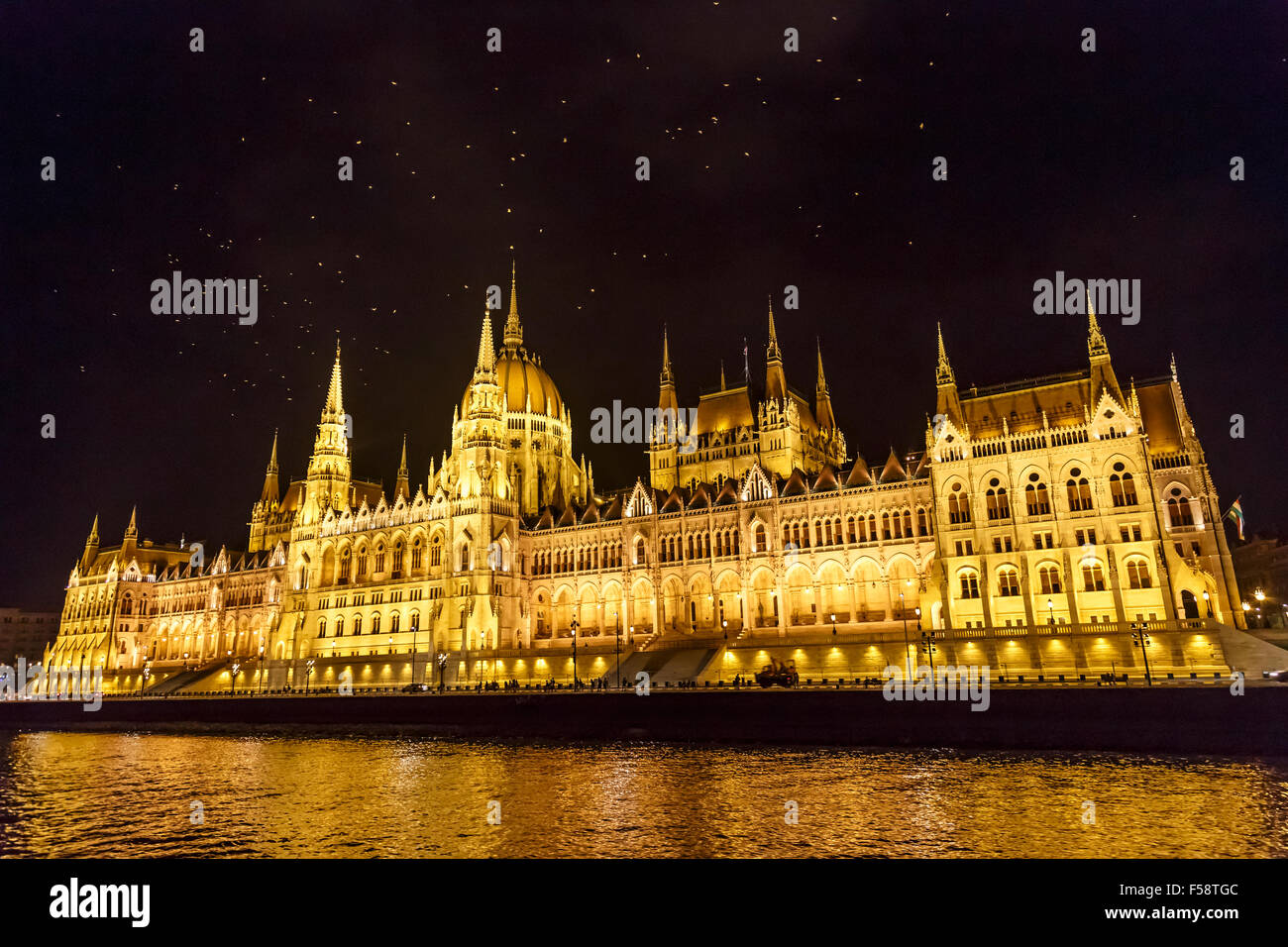 The Hungarian Parliament building in Budapest. Birds flocking on the ...