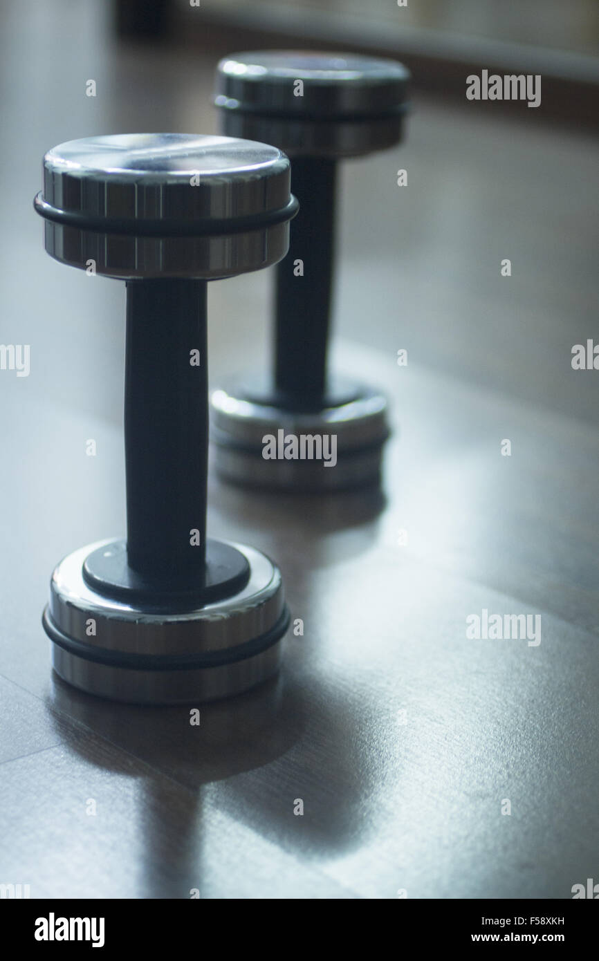 Dumbbell gym metal weights on wooden floor in exercise room in gym ...