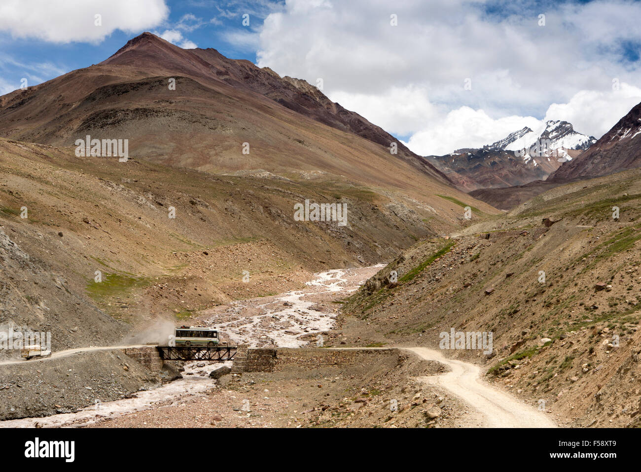 India, Himachal Pradesh, Losar, bus crossing bridge over Spiti River ...