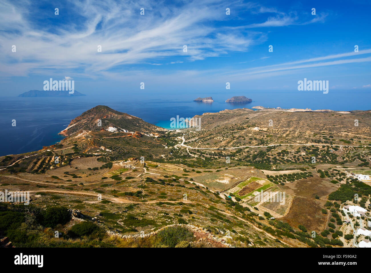 View of Milos and Antimilos from castle above Plaka village on Milos ...