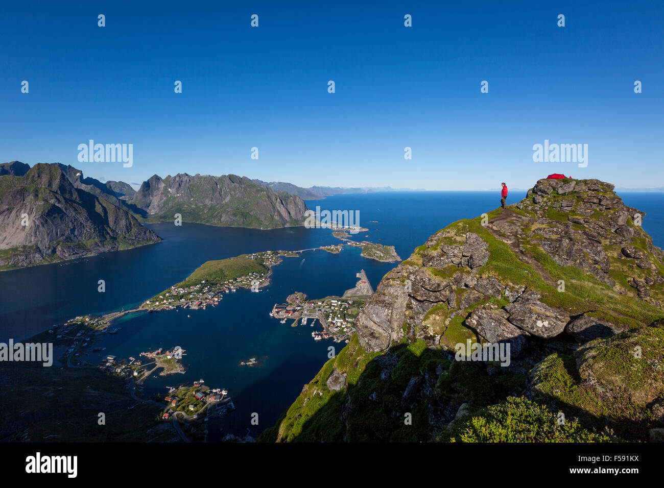 View from Reinebringen, Reinebriggen towards Reine and Reinefjord with ...