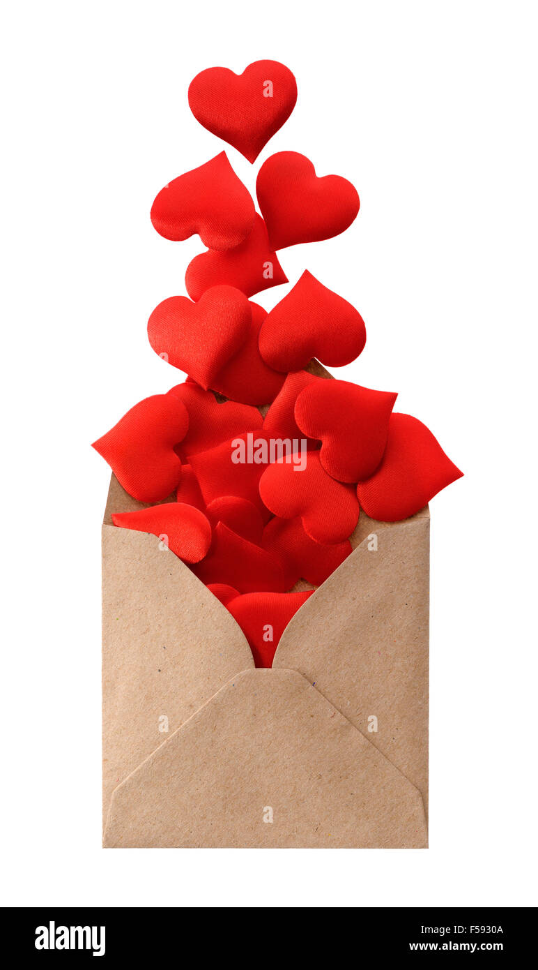 Isolated objects: opened mail envelope full of red hearts, on white ...