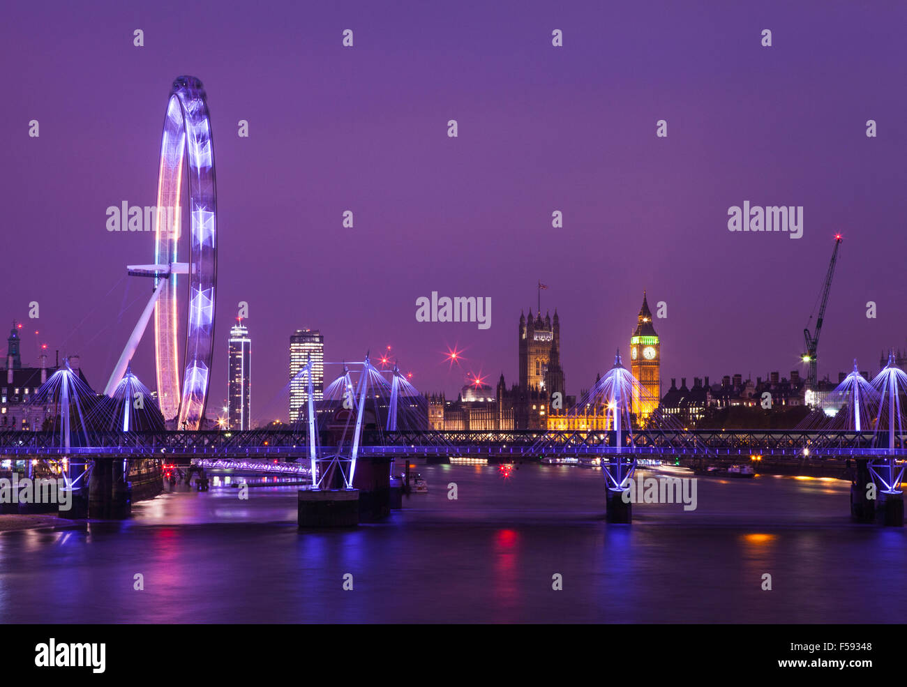 An evening view of London taking in the sights of the Houses of ...