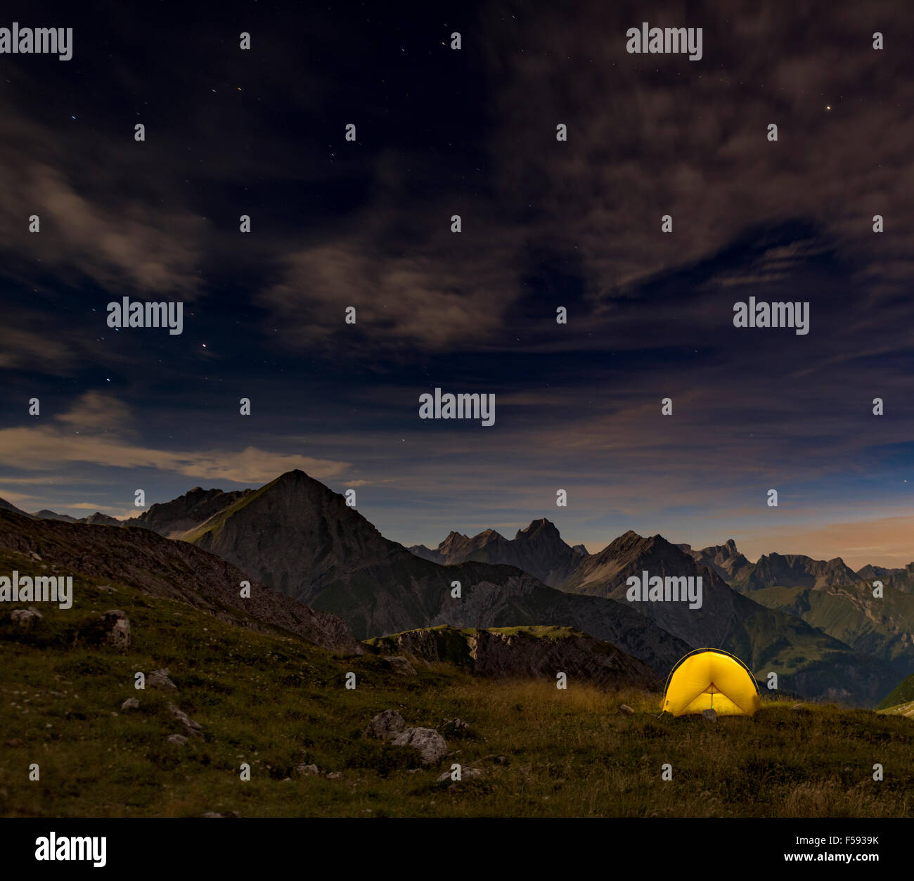 Illuminated tent, Lechtal Alps mountain panorama, starry sky, Gramais ...