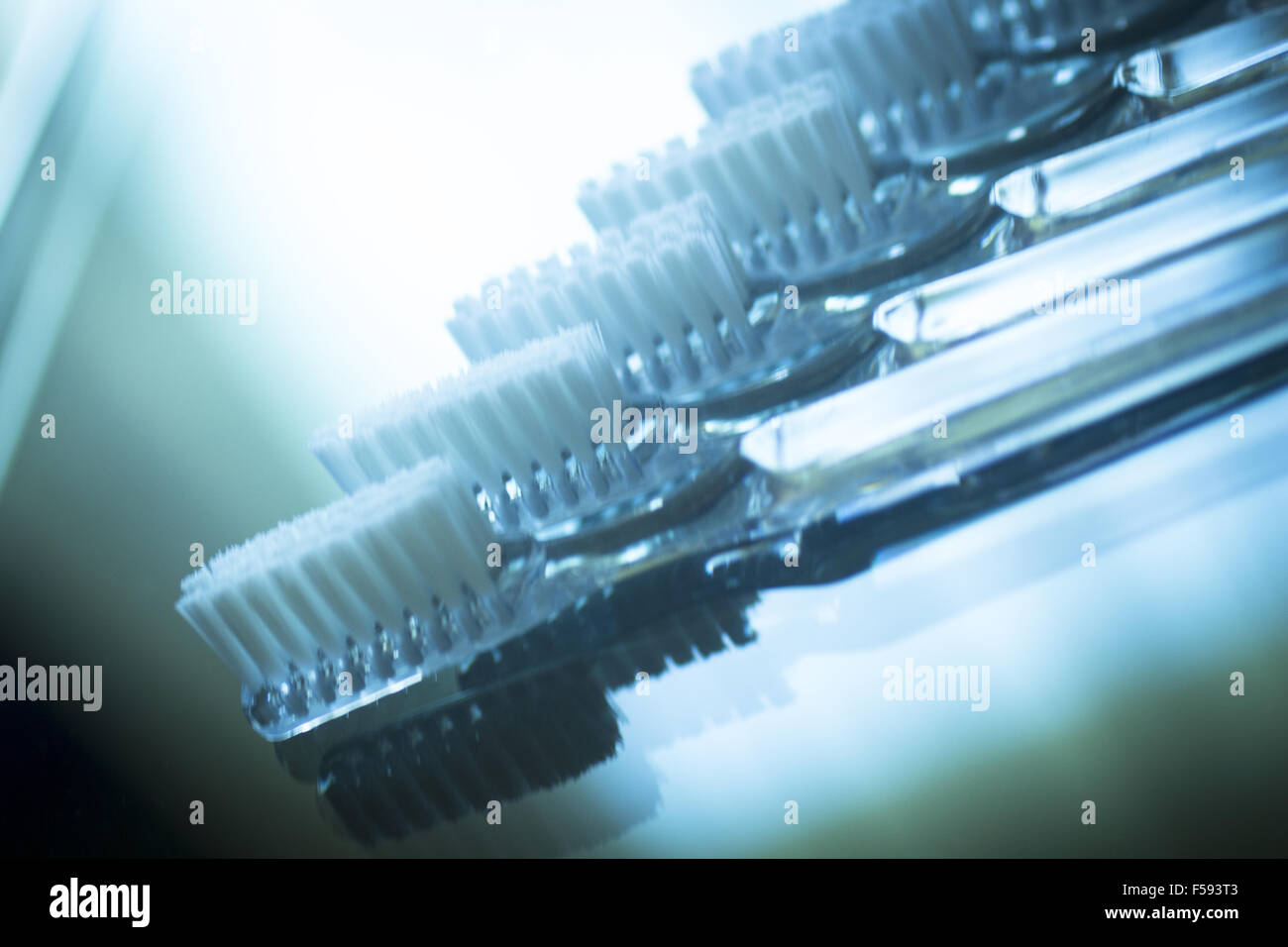Toothbrushes on glass table dental hygiene plaque control in dentists ...