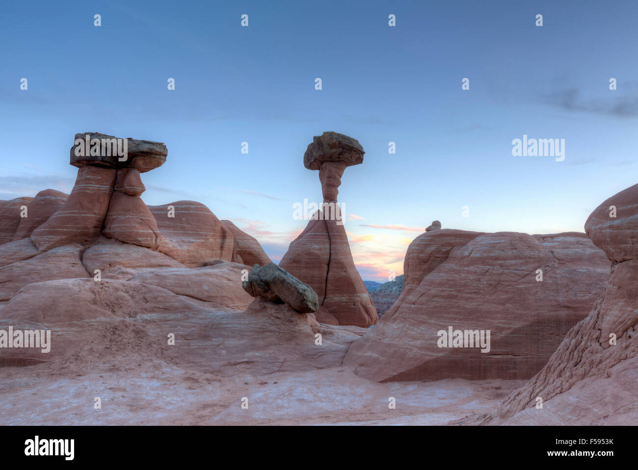 Desert dusk hoodoo rock formations at the Toadstools in Southern Utah ...