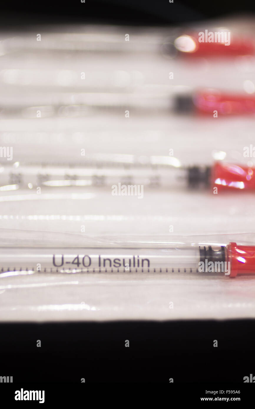 Pet cat and dog insulin injection syringes sealed in plastic with red ...