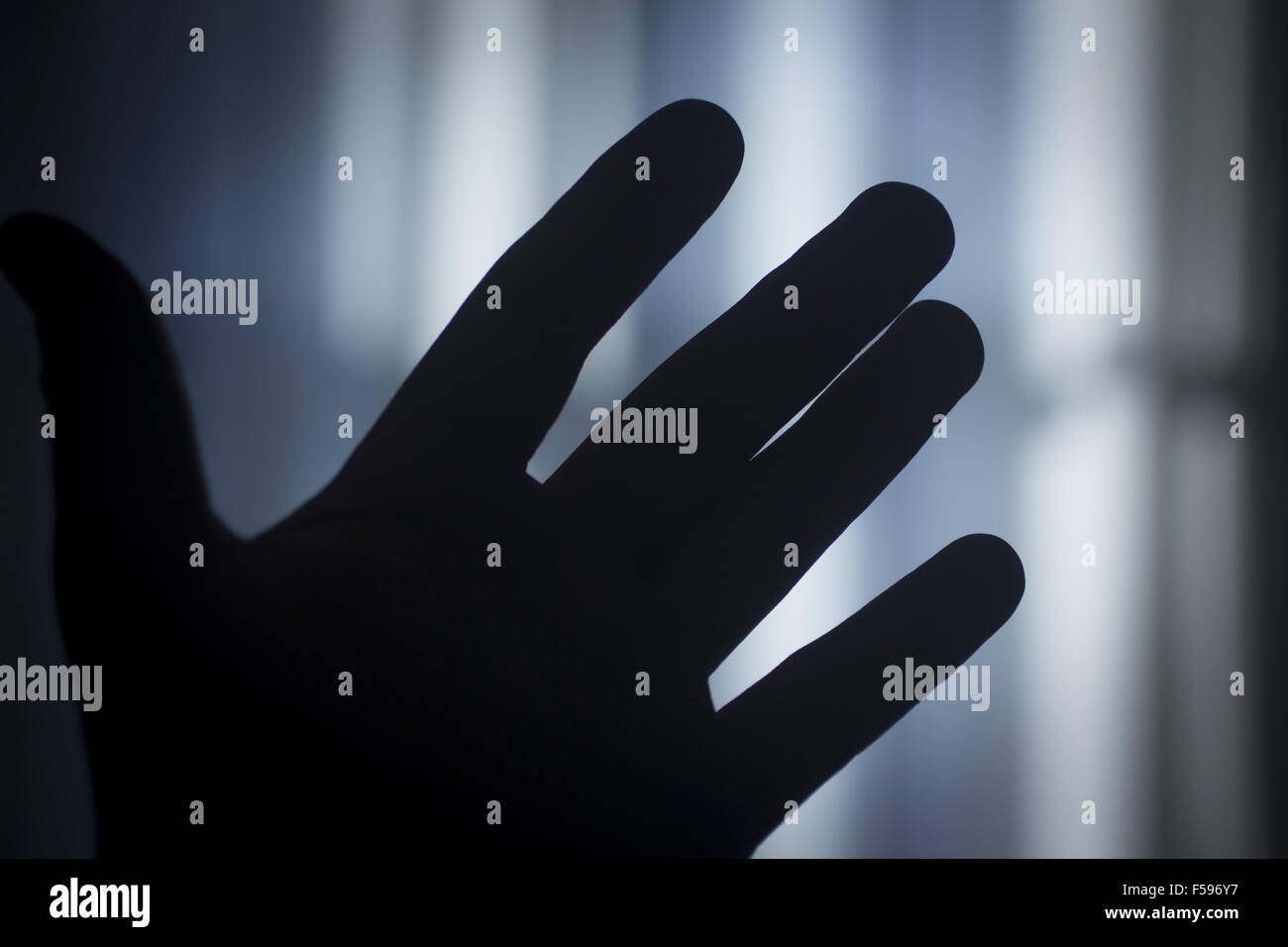 Color digital photo of the open hand of a man in silhouette room with ...