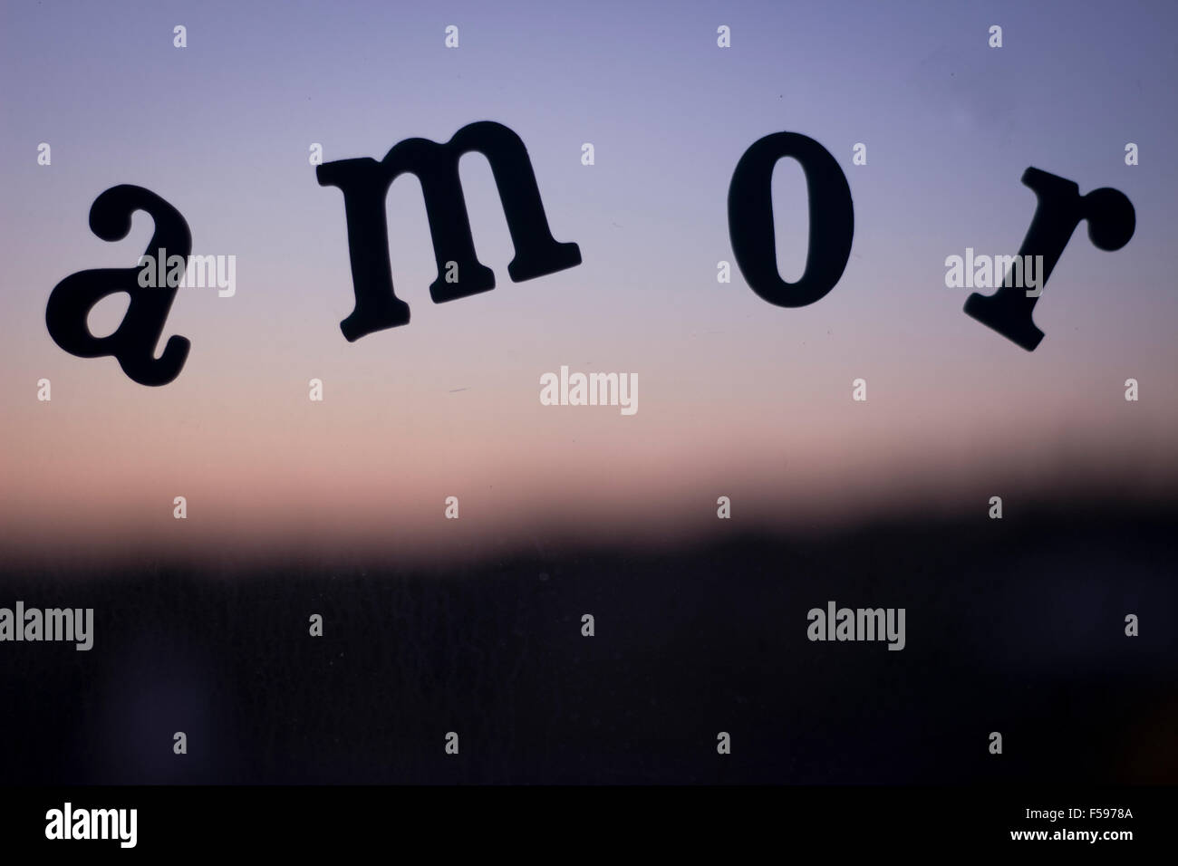 The word amor which means love in Spanish spelled in letters on a glass ...