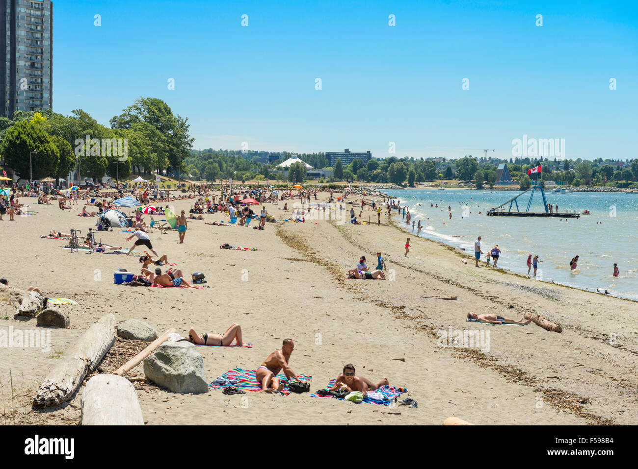 Sunbathers and swimmers on the beach at English Bay, Vancouver, BC ...