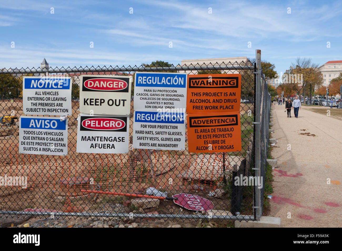 Danger warning signs at construction site - USA Stock Photo - Alamy
