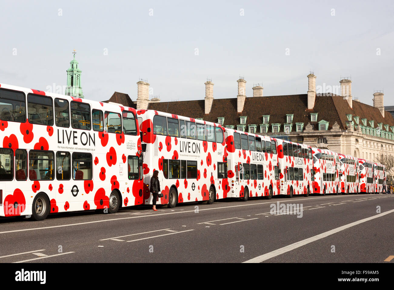 Line of London buses on Westminster Bridge painted with poppies for the ...