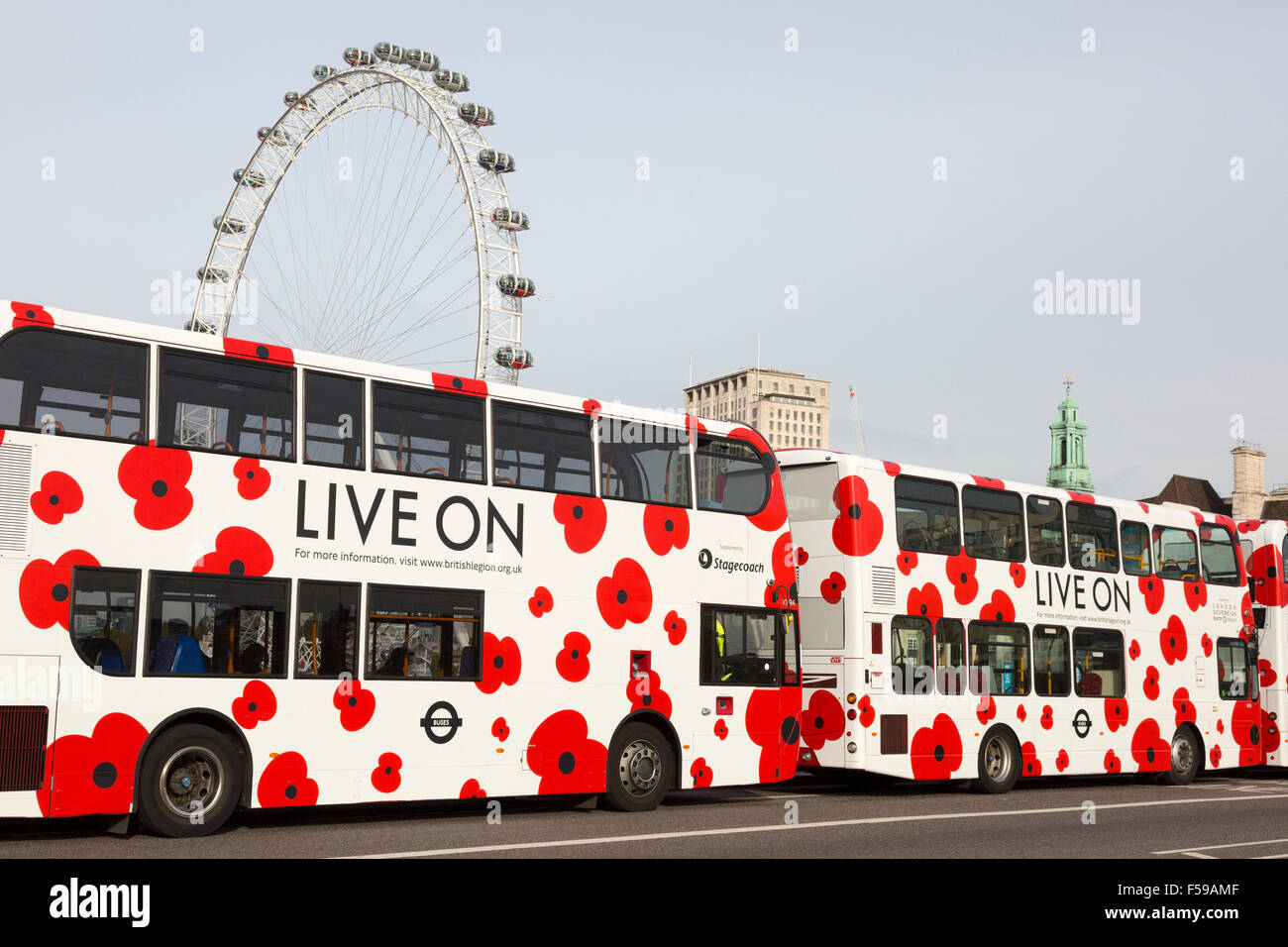Line of London buses on Westminster Bridge painted with poppies for the ...