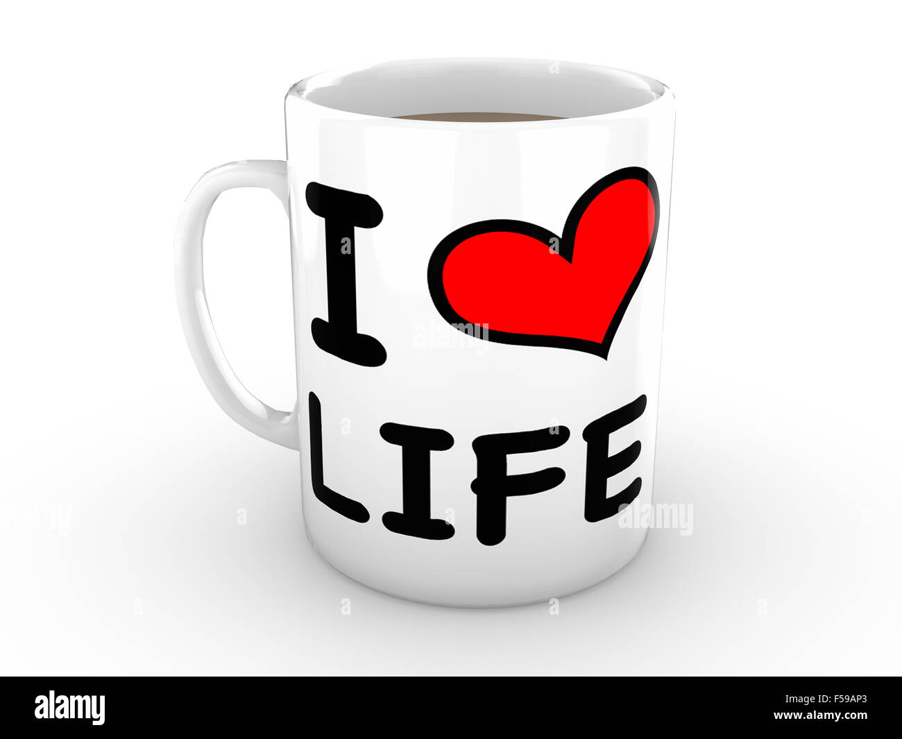 White mug isolated against a pure white background with an I Love Life ...