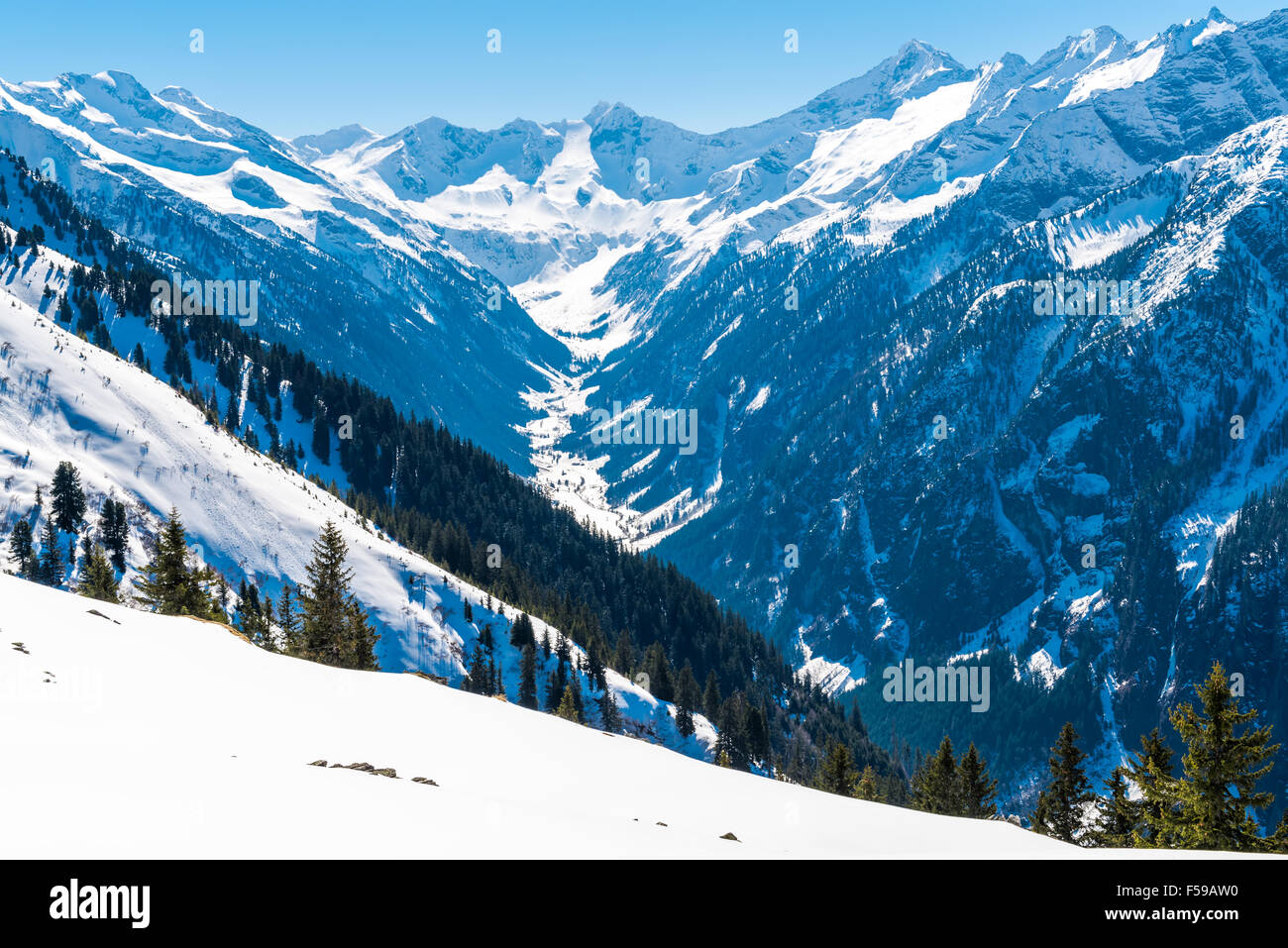 Austrian Alps in the winter, Mayrhofen ski resort - panoramic view ...