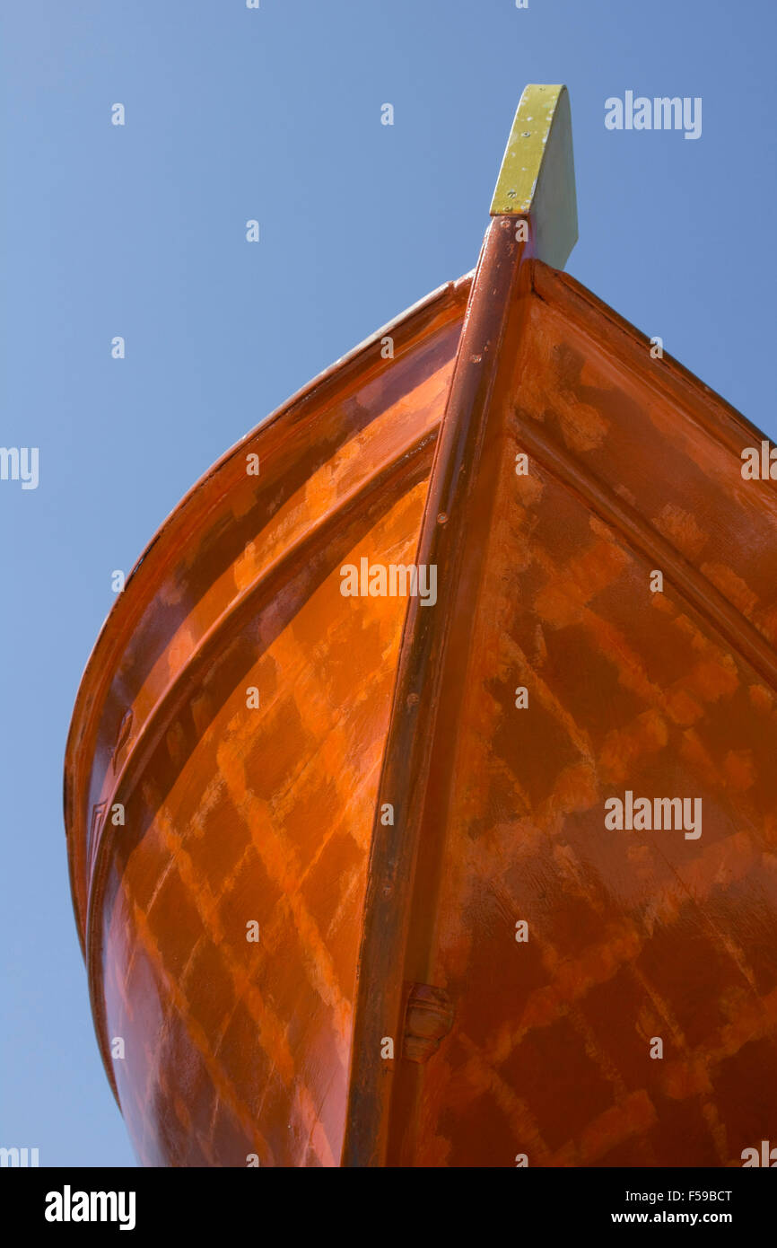 Wooden traditional greek fishermans boat (stern) under maintenance ...