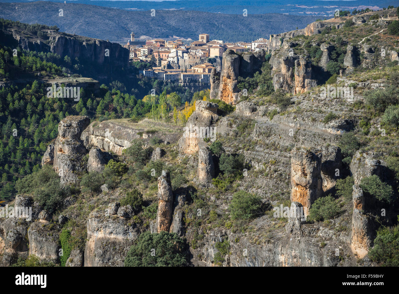 Looking towards the old town of Cuenca from the Hoz del Huecar gorge ...