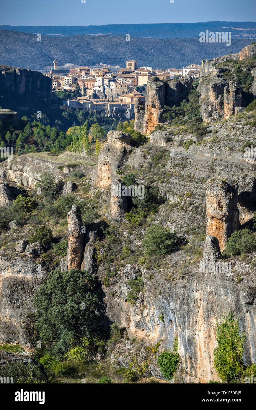Looking towards the old town of Cuenca from the Hoz del Huecar gorge ...