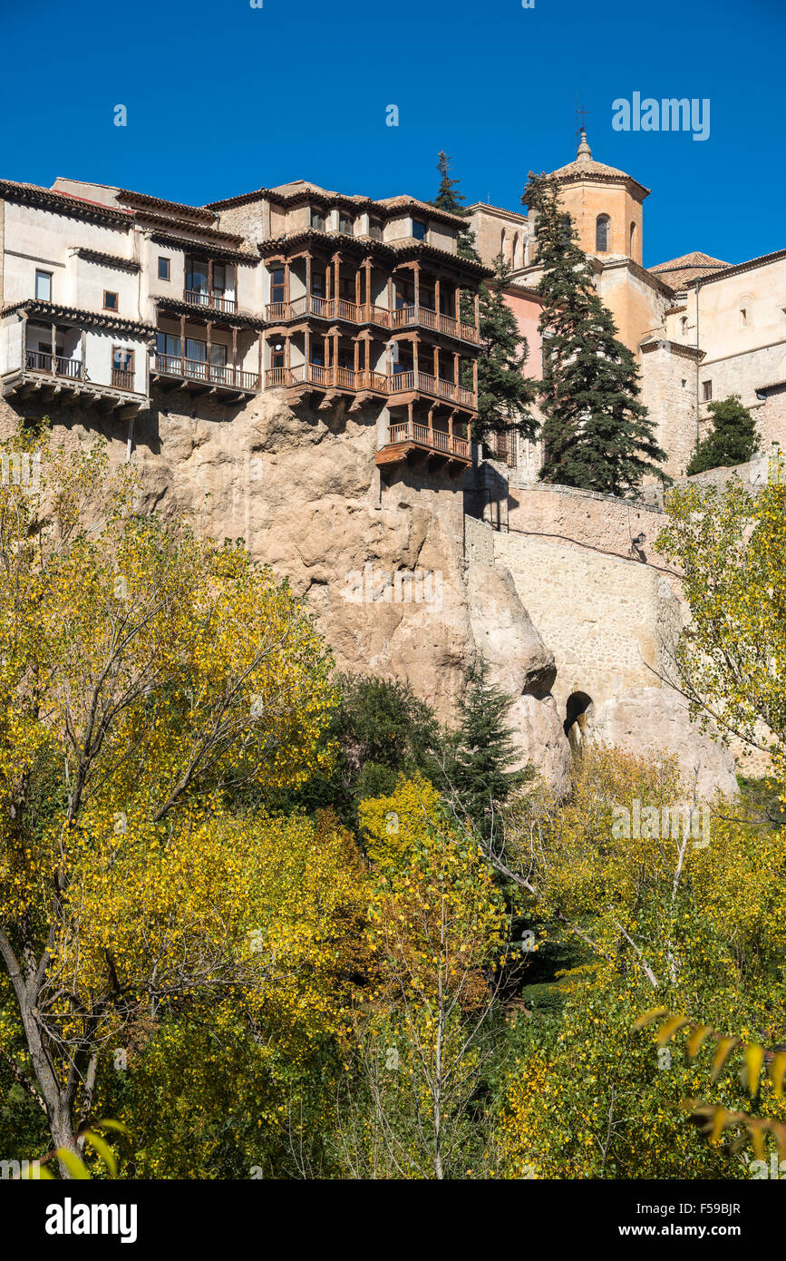 Autumn in the Hoz del Huecar gorge looking up at the hanging houses at ...