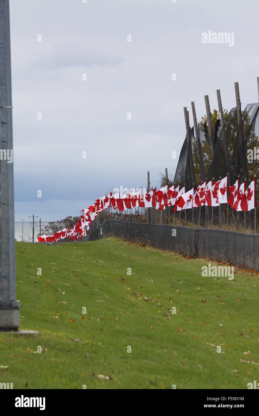 Row of Canadian flags, attached to fence posts, gently waving in a ...