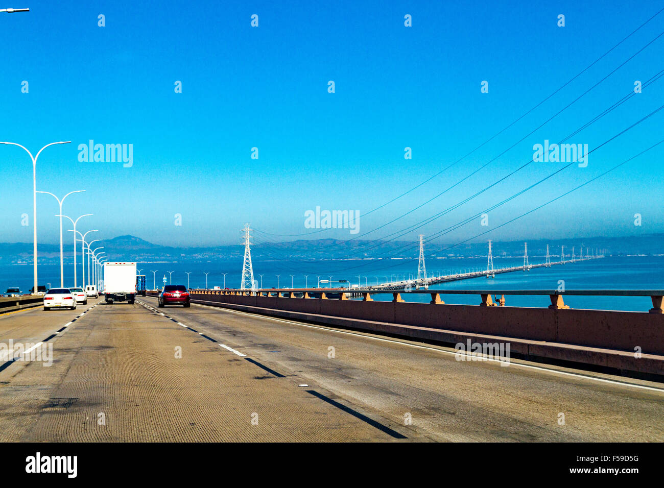 The San Mateo Bridge, one of two bridges which span the southern end of ...