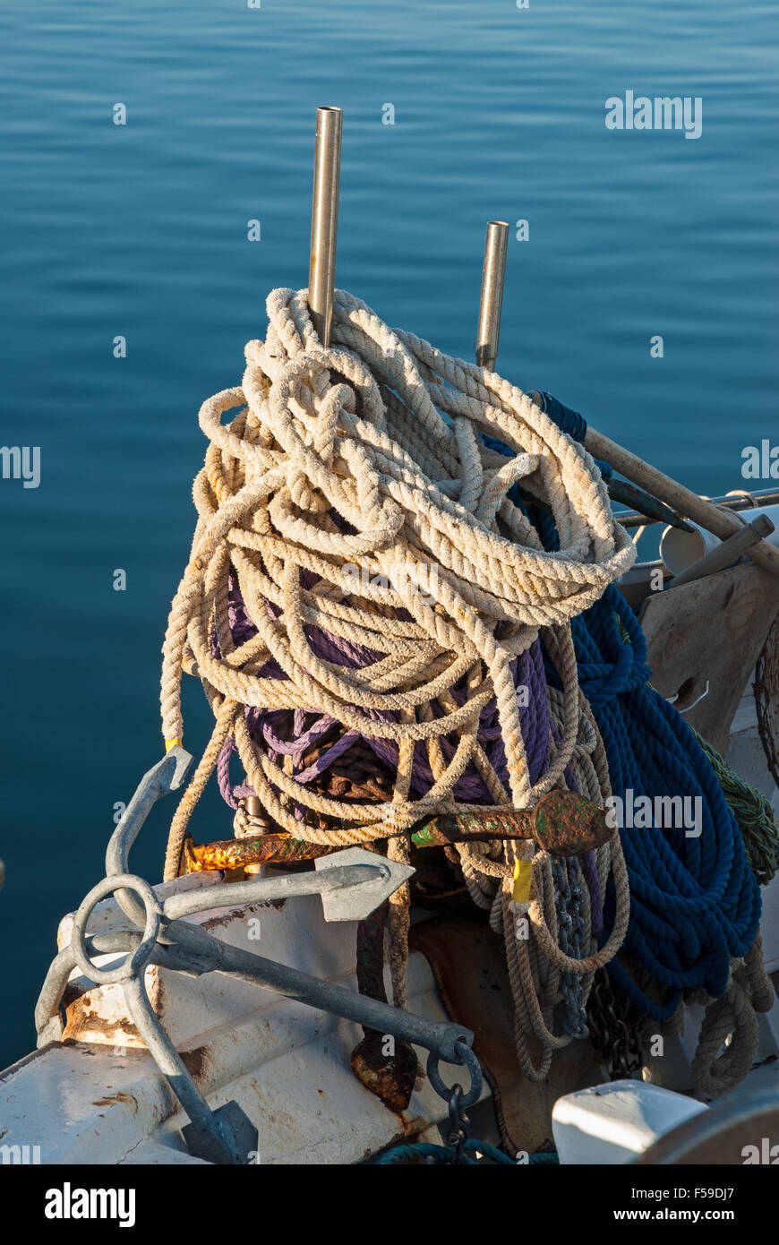Ropes and anchor on traditional fishing boat in Peloponnese, Greece ...