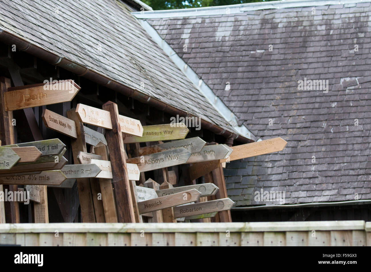 A collection of footpath signs at Harestanes Stock Photo - Alamy