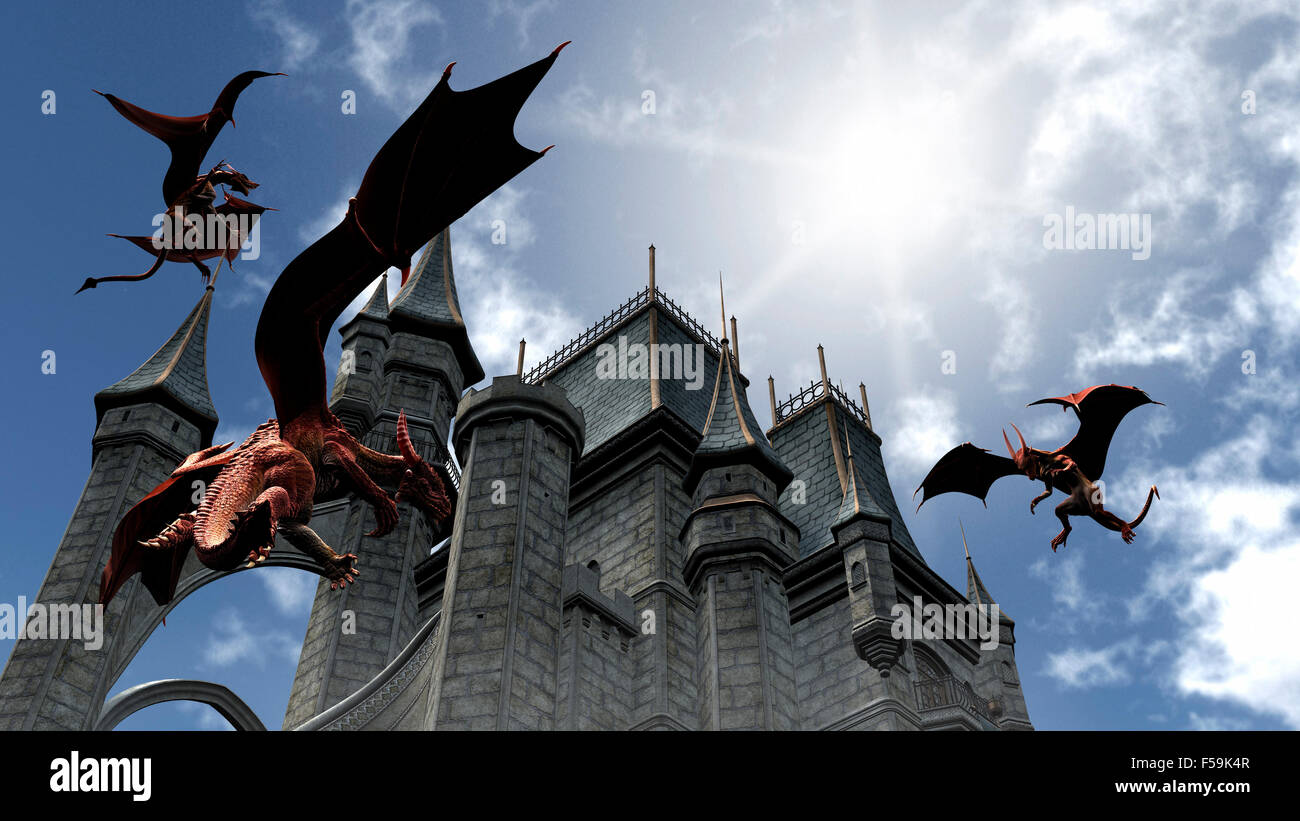 Illustration of three Red Dragons attacking the castle Stock Photo - Alamy