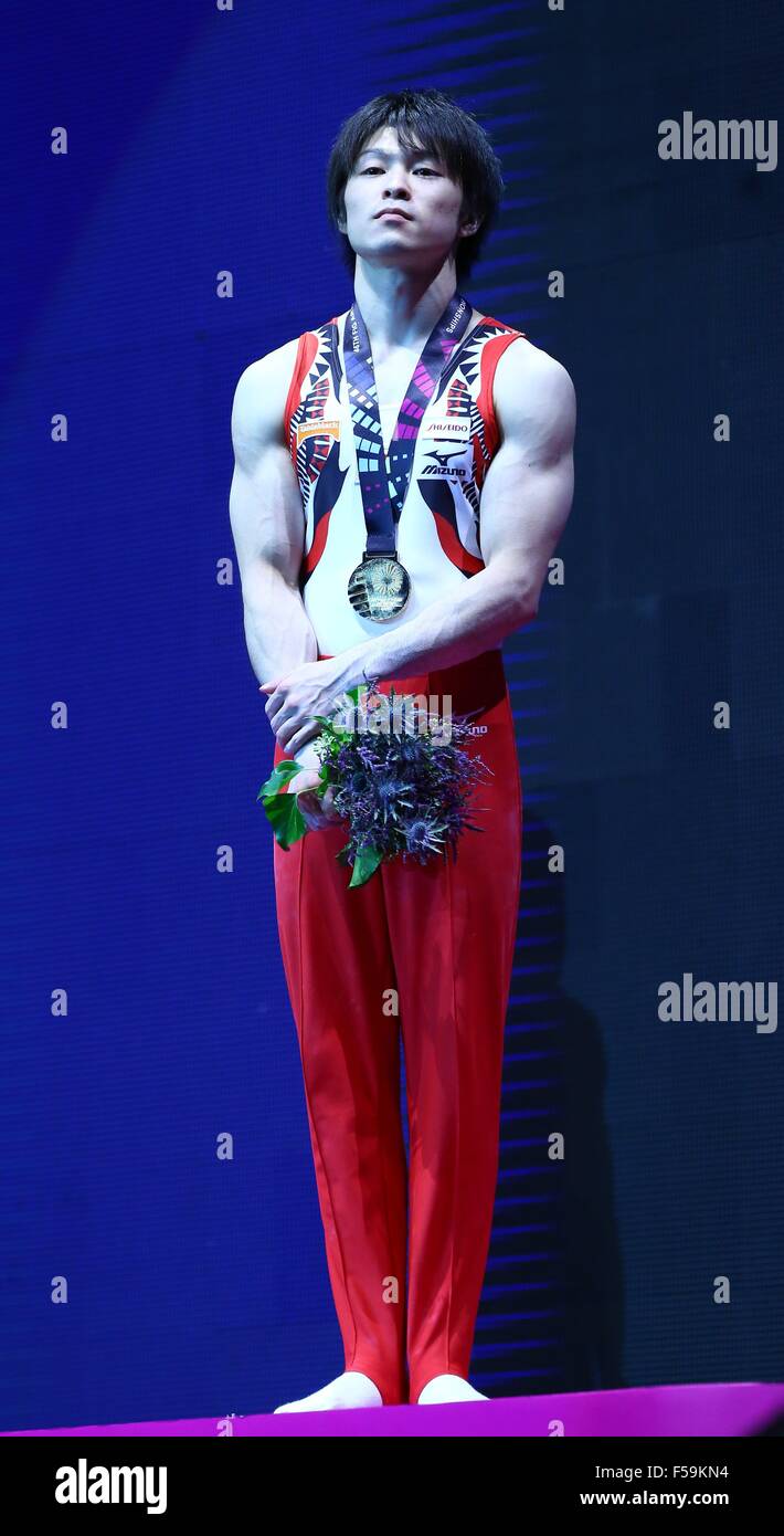 Glasgow, Scotland. 30th Oct, 2015. Kohei Uchimura of Japan attends the awarding ceremony for the ...