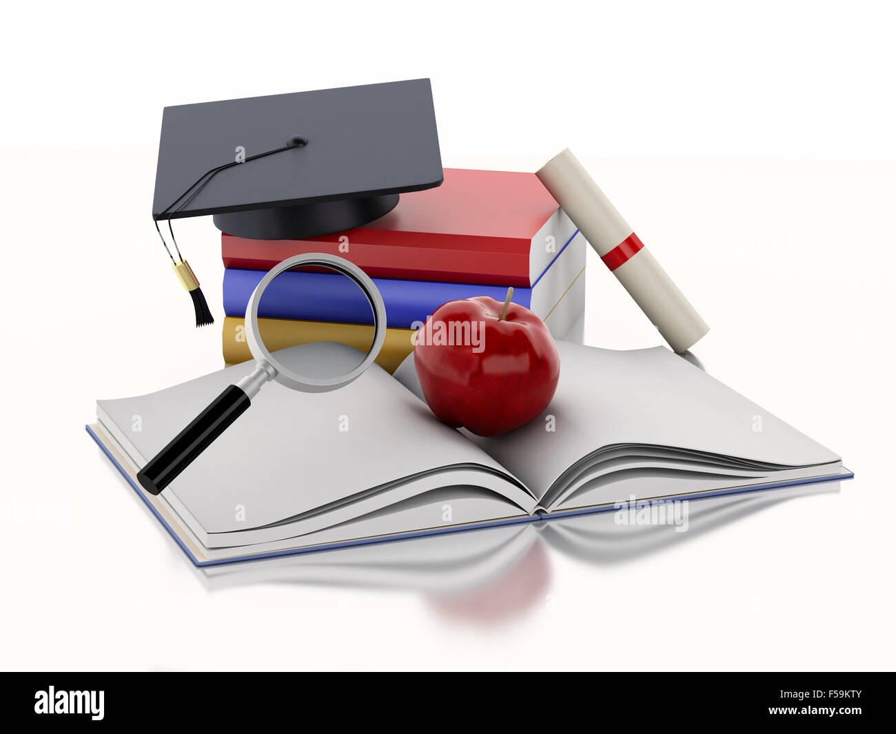 3d renderer image. Open book with an Apple, Graduation cap, diploma and ...