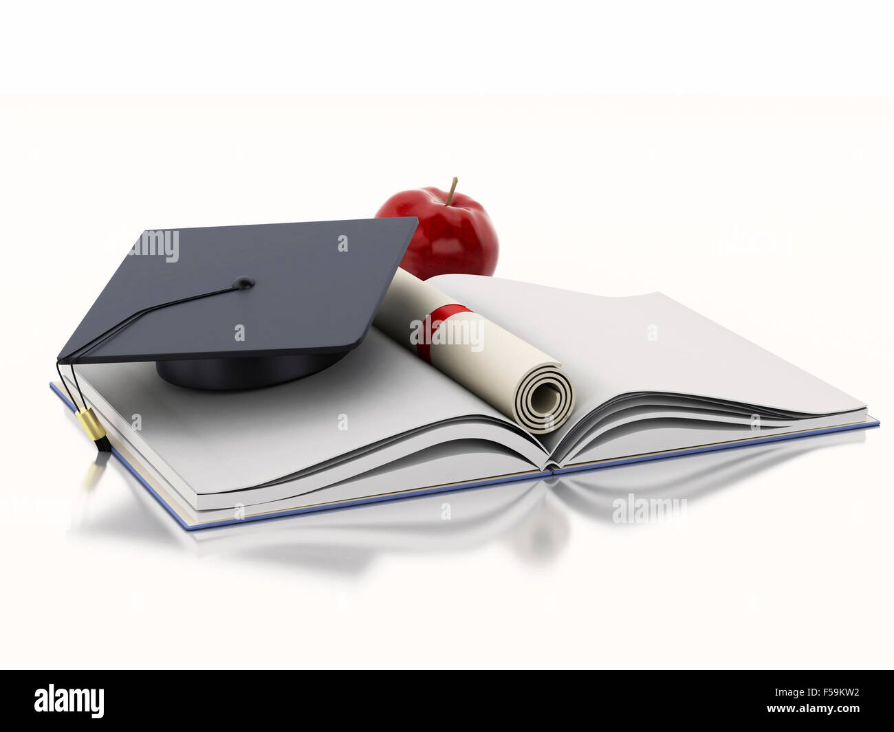3d renderer illustration. Open book with Graduation cap and diploma ...