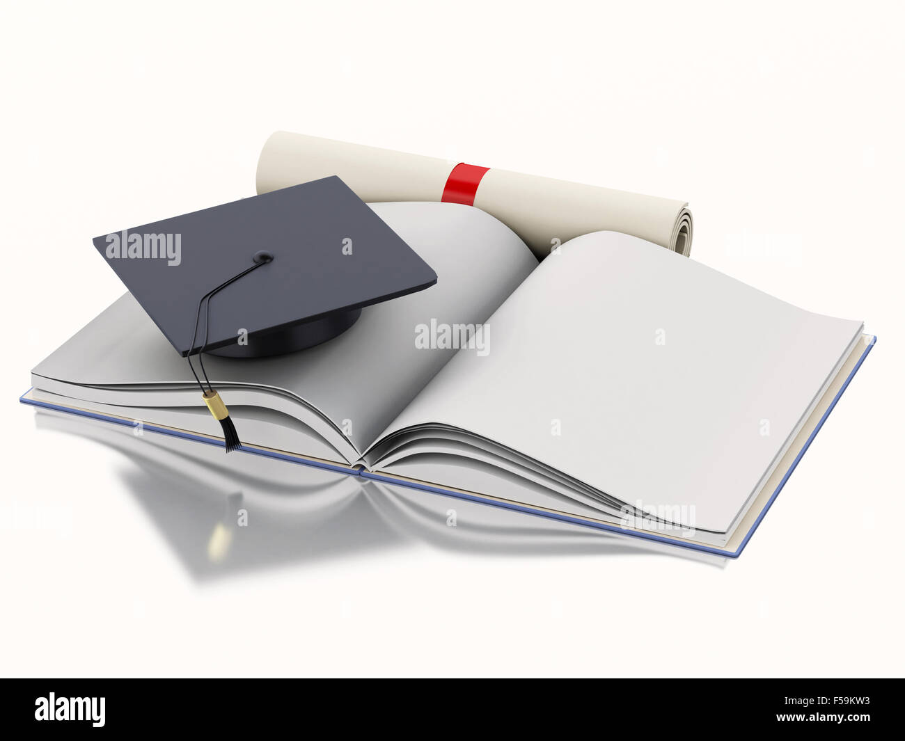 3d renderer illustration. Open book with Graduation cap and diploma ...