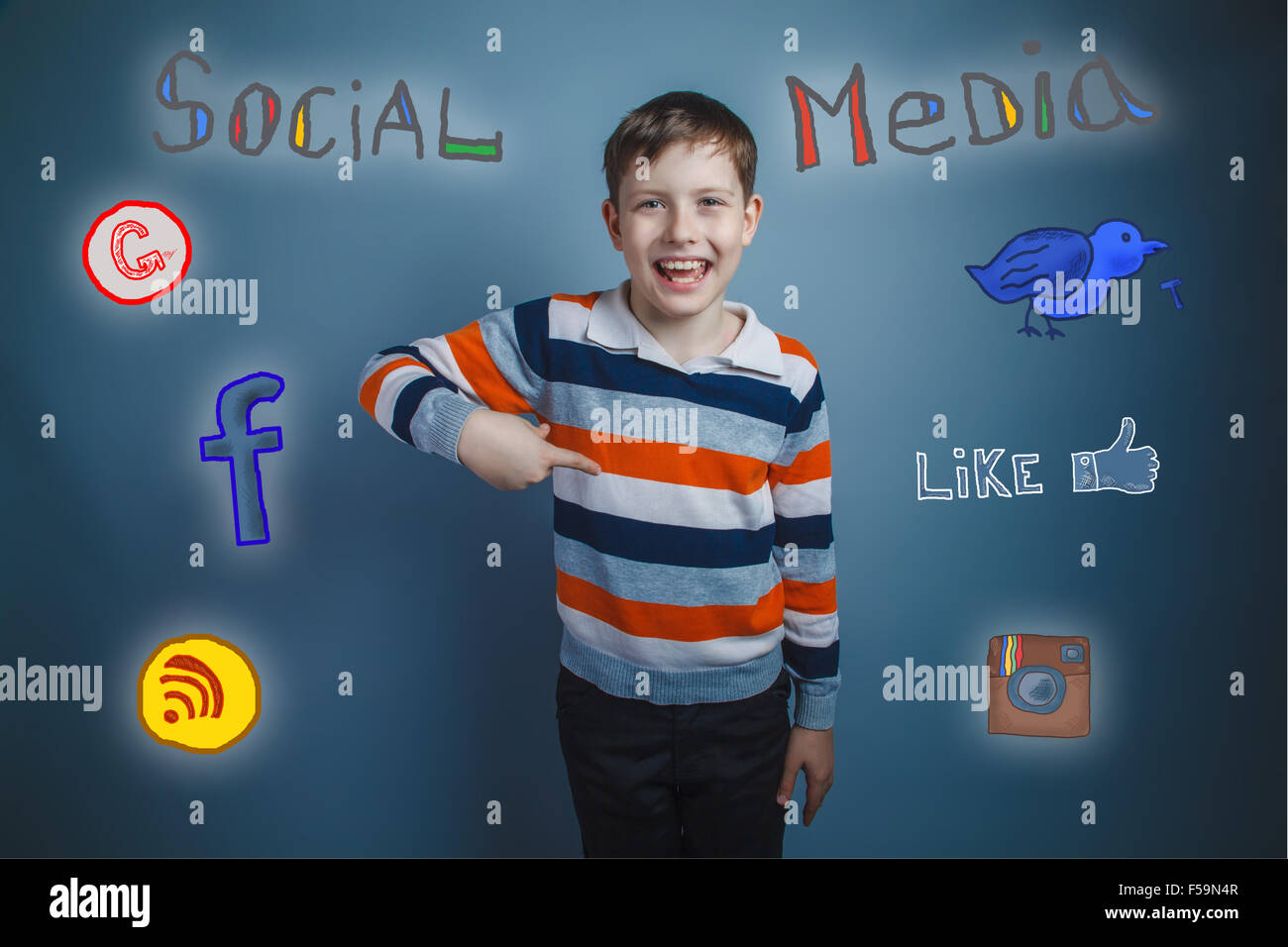 teen boy social media infographics sketch happy shows the finger Stock ...