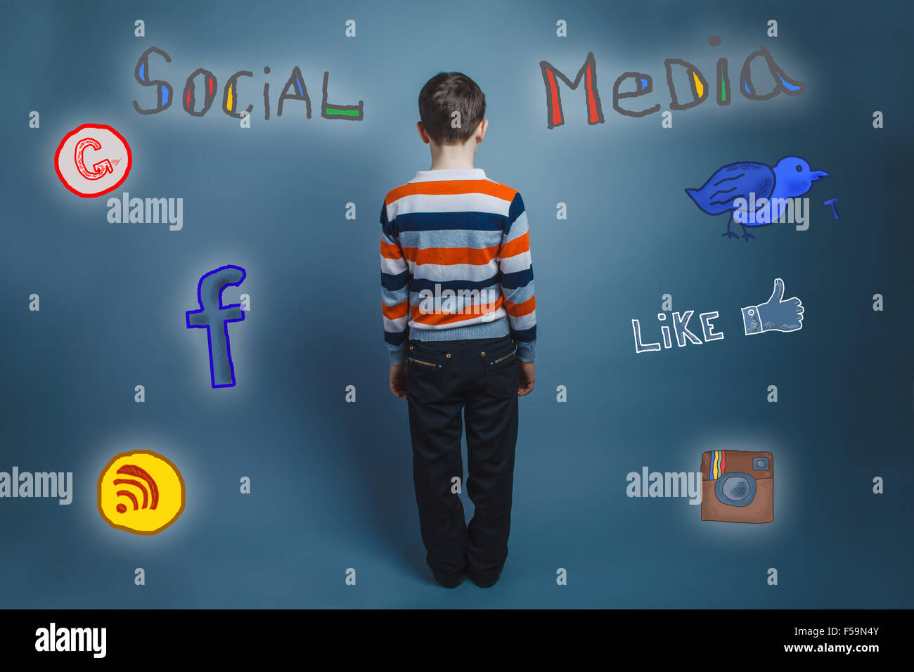 teen boy social media infographics sketch is back Stock Photo - Alamy