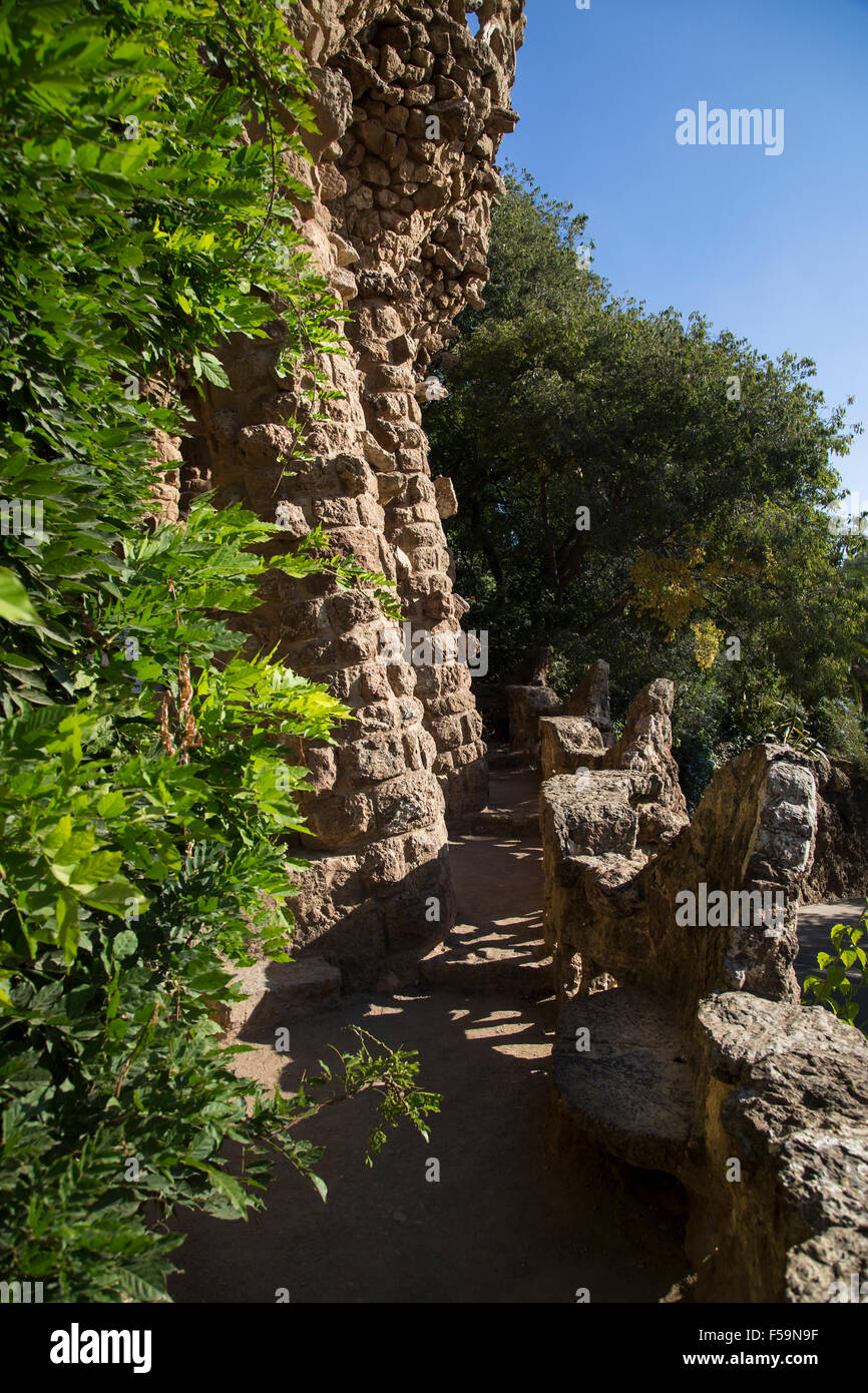 Stone Viaducts carrying snaking paths, Park Guell, Barcelona, Spain ...
