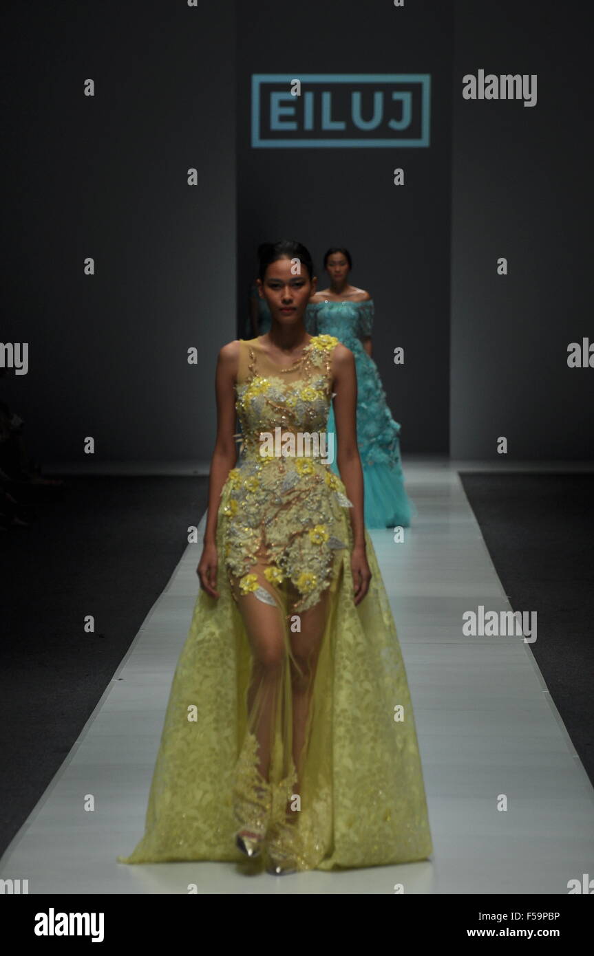 Jakarta, Indonesia. 30th Oct, 2015. A model wears design by Eiluj during the Jakarta Fashion ...