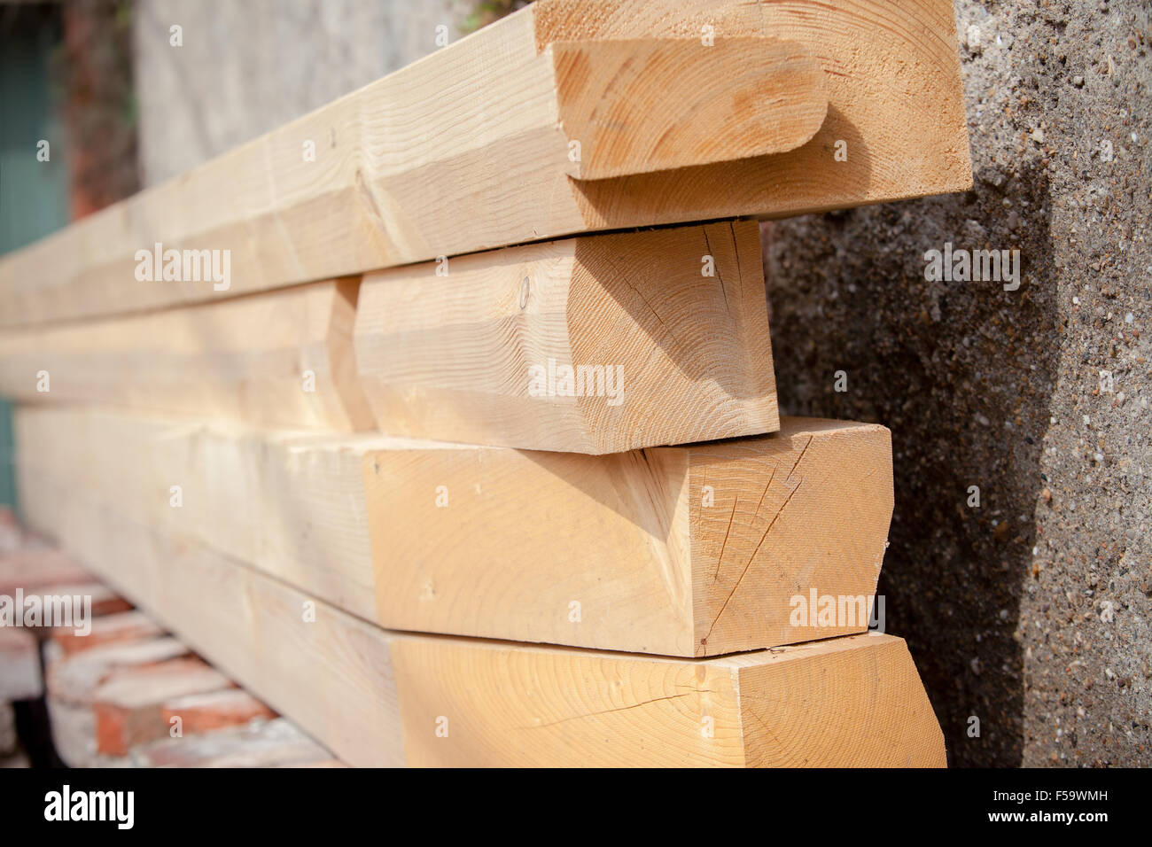 Construction of new wooden house. Beams frame close up shot with a ...