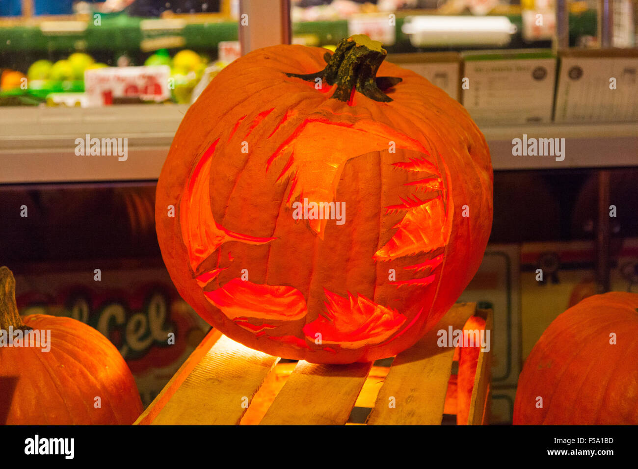 Craved pumpkin Halloween Display at the Chelsea Market, Chelsea, New ...